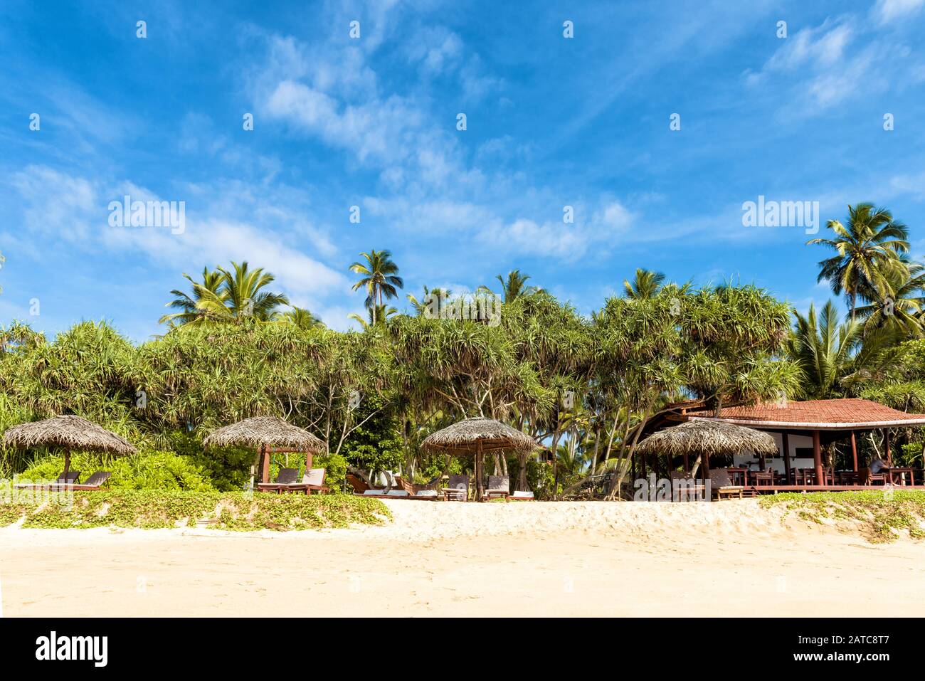 Deserted tropical beach with umbrellas Stock Photo - Alamy