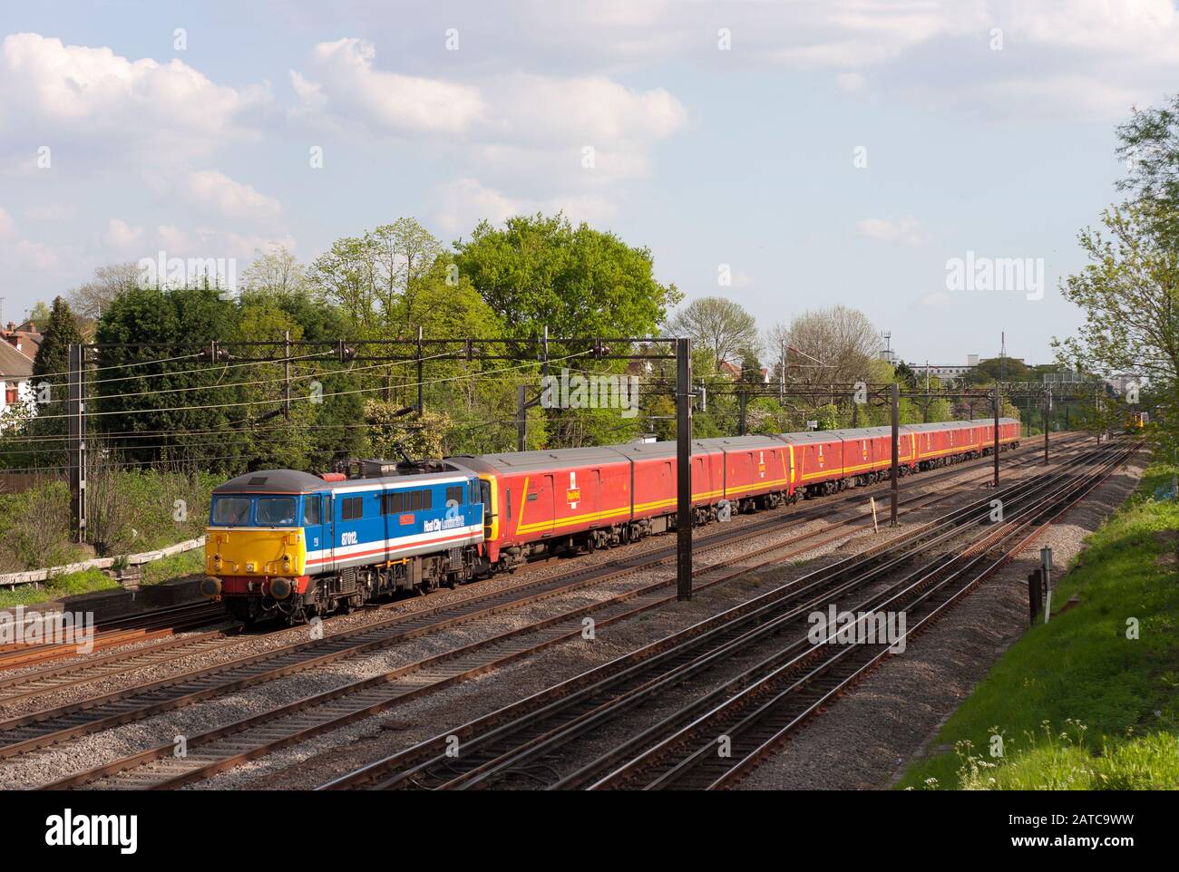 A Class 87 electric locomotive number 87012 heads north with a Royal ...