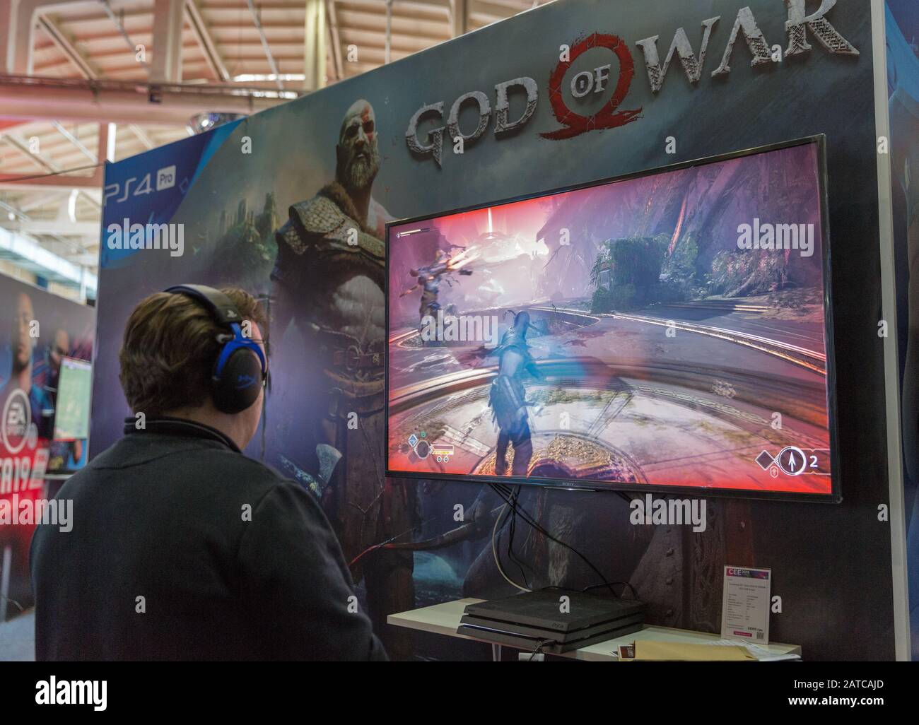 KYIV, UKRAINE - APRIL 06, 2019: Man playing Sony Play Station 4 at ...