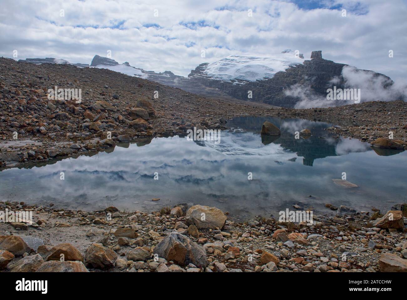 Pan de Azucar and Pulpito Del Diablo reflected in high altitude tarn ...