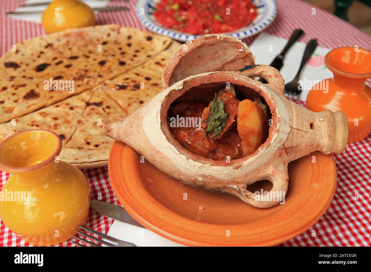 Meat casserole cooked and served in traditional clay pot at Restaurant ...