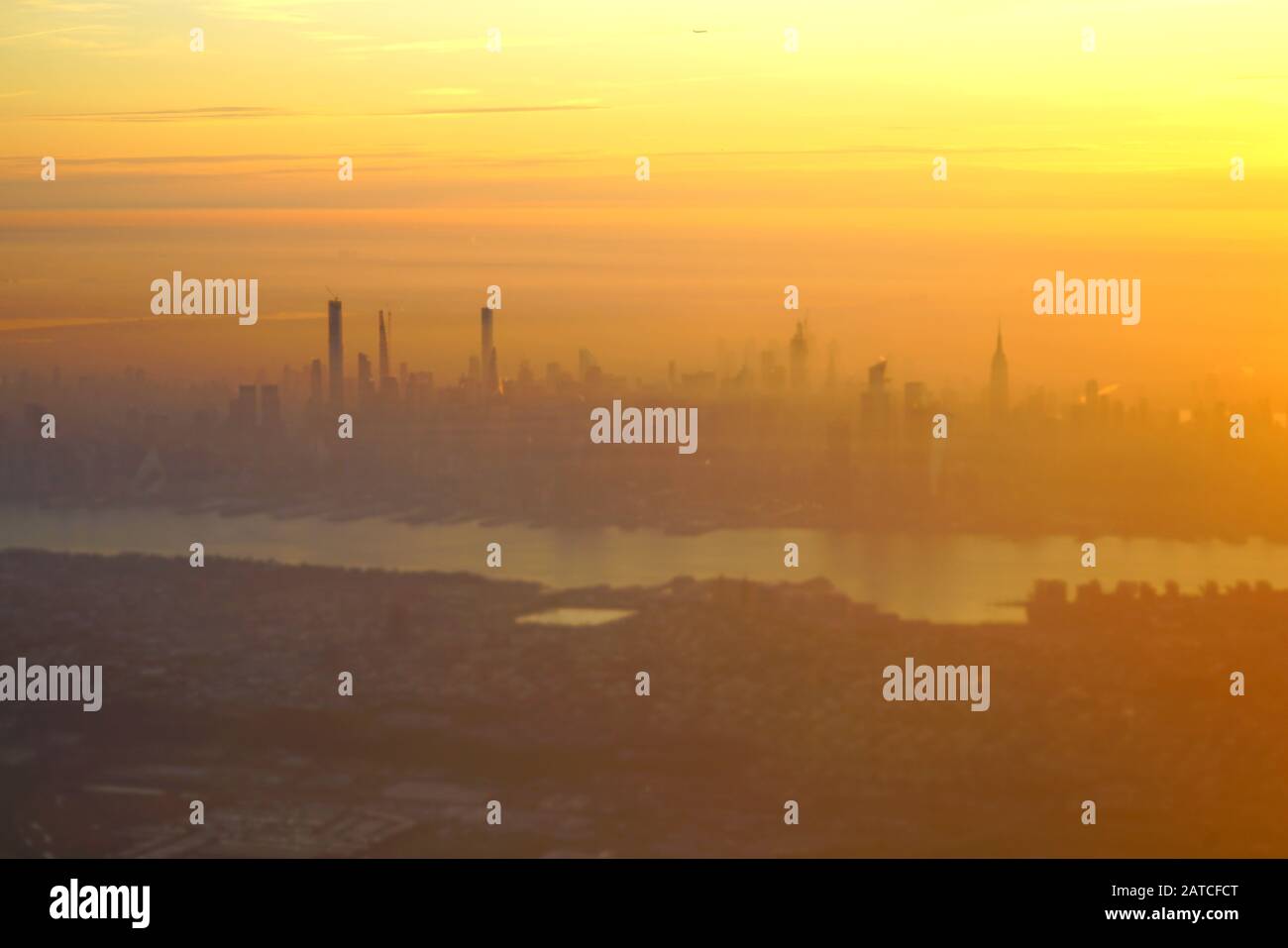 Aerial sunrise view of the Manhattan skyline in New York City, United ...
