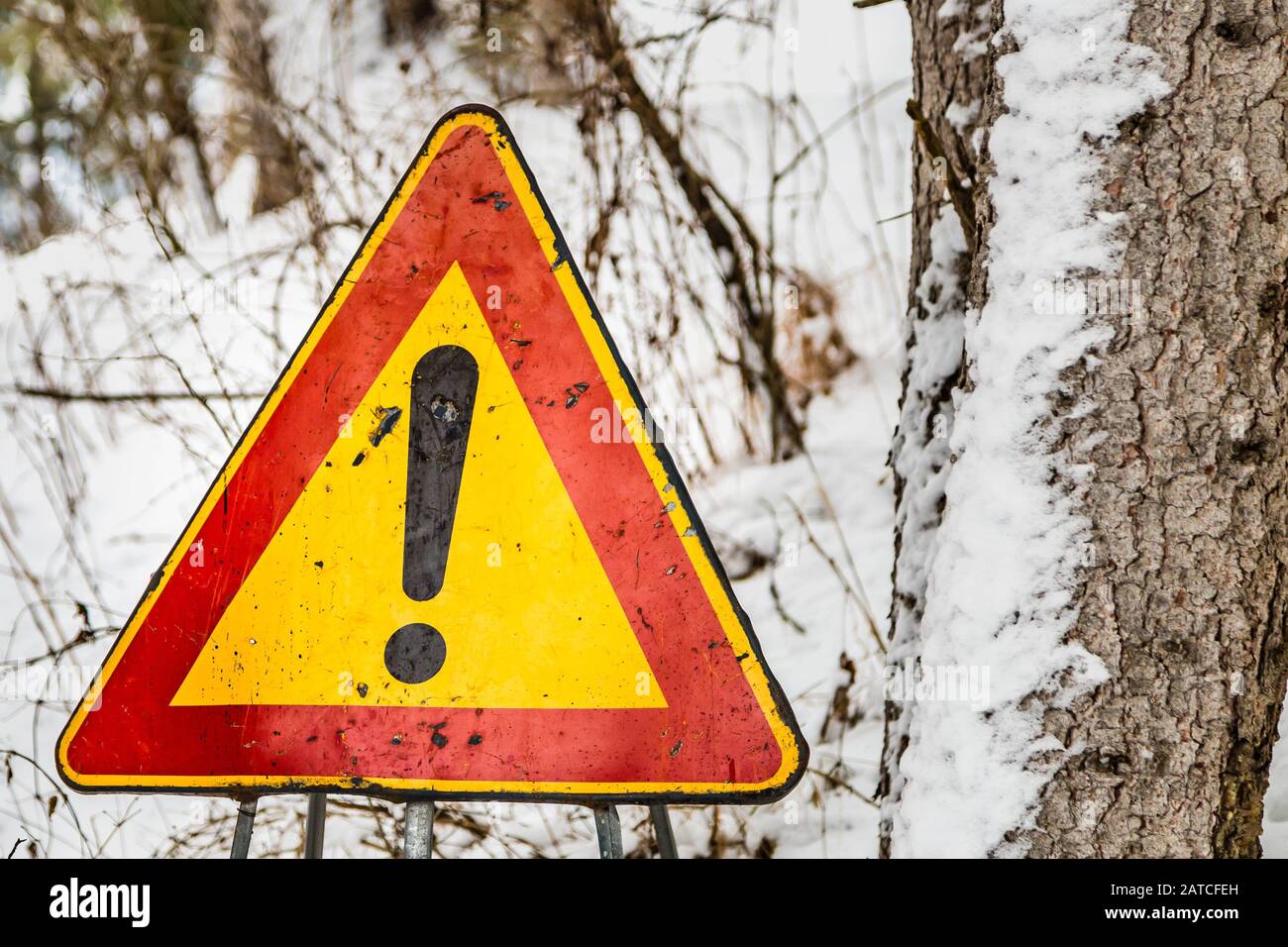 red and yellow triangle warning road sign with exclamation mark Stock ...