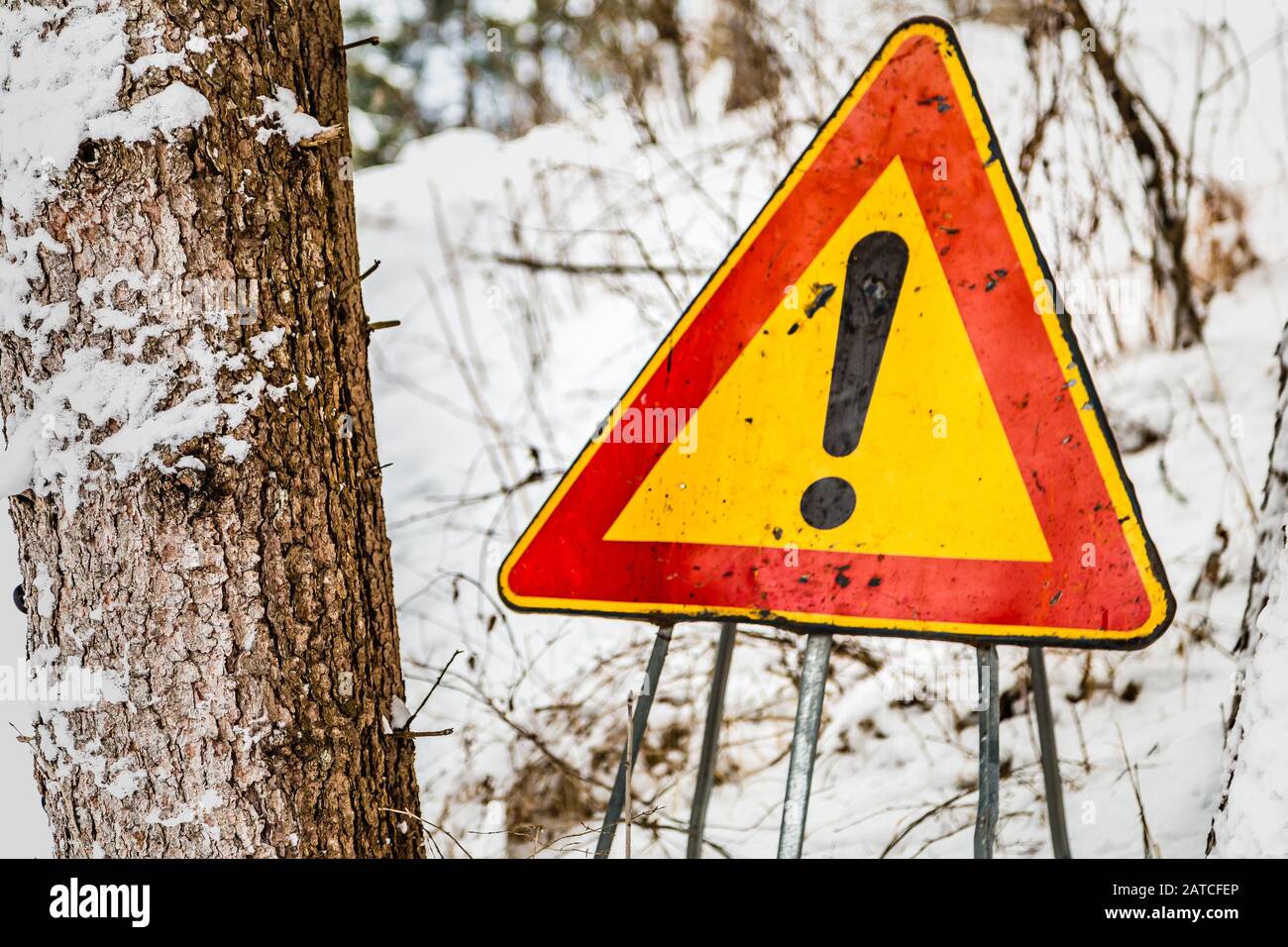 red and yellow triangle warning road sign with exclamation mark Stock ...