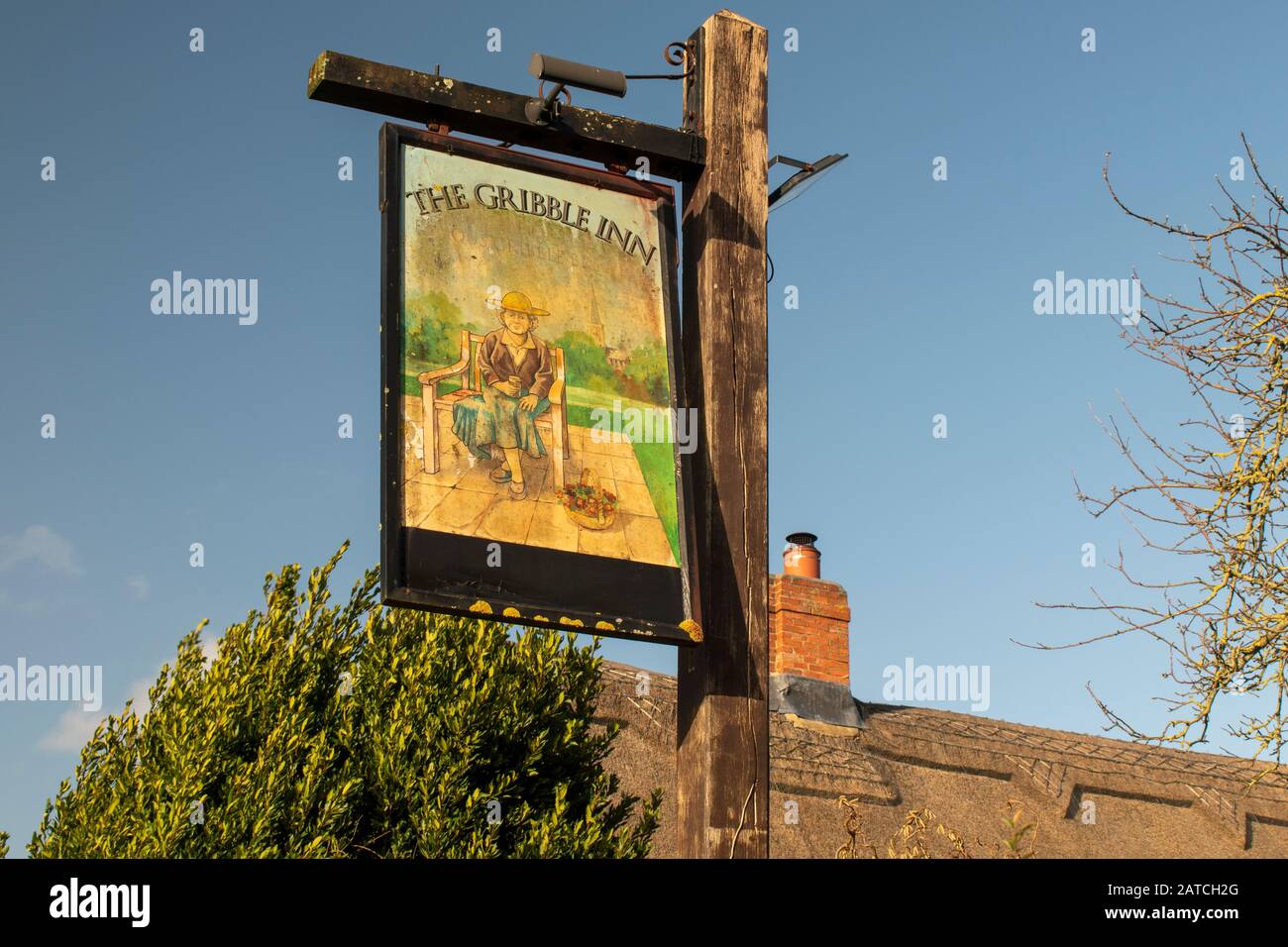 Oving, West Sussex, UK, February 01, 2020, The Gribble Inn sign for an ...