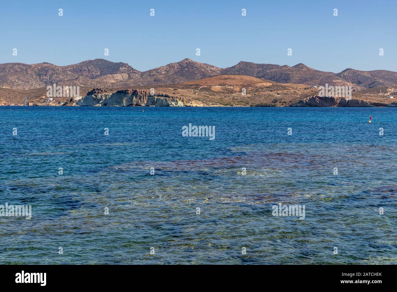 Mountains in Kimilos island from Pollonia beach, Milos, Greece Stock ...