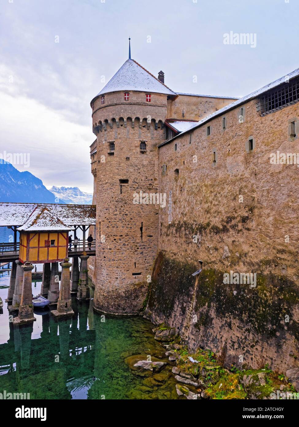 Front towers of Chillon Castle on Lake Geneva in Switzerland Stock ...