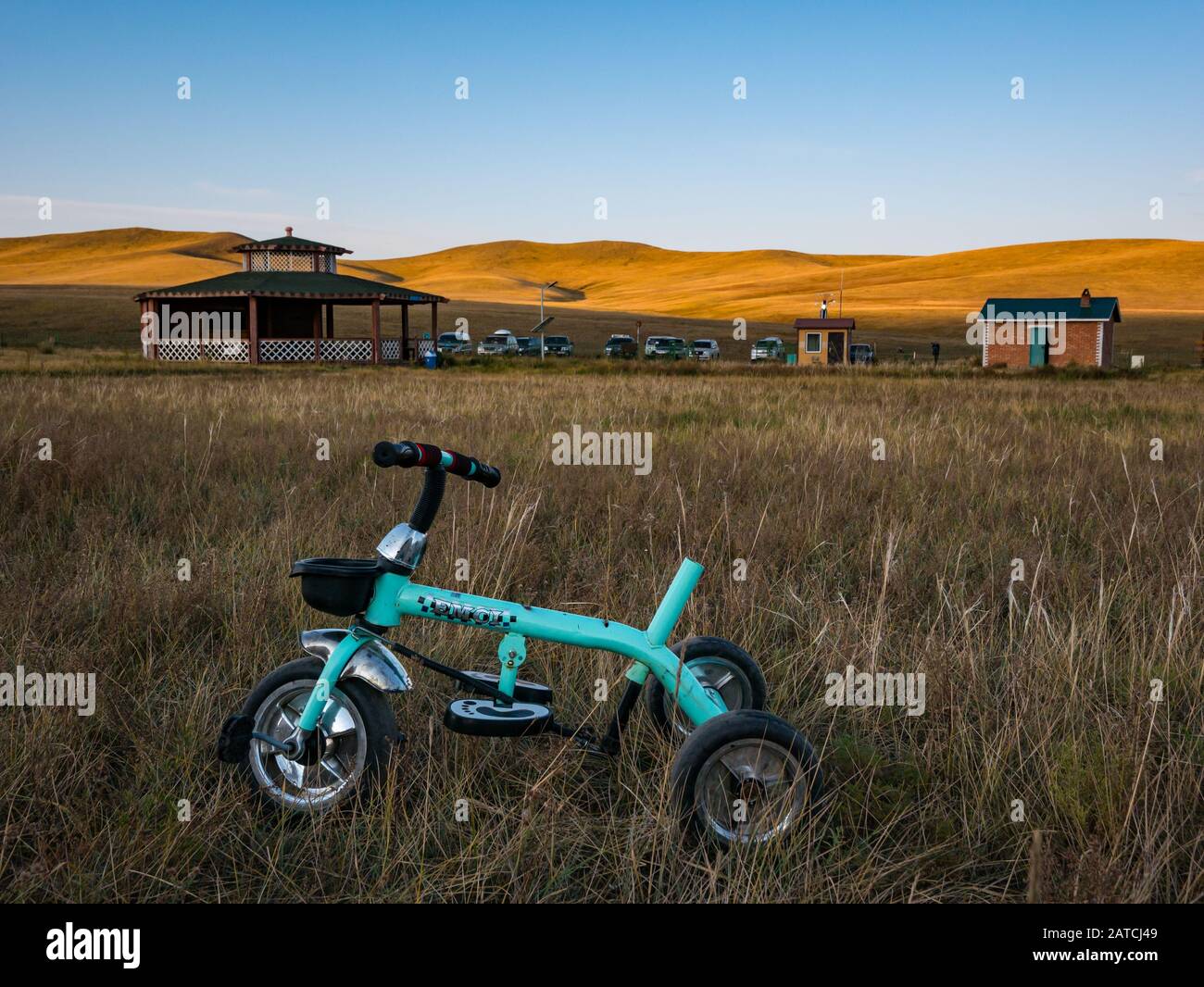 Broken child's tricycle, Mongolian Khustaii ger camp, Hustai National ...