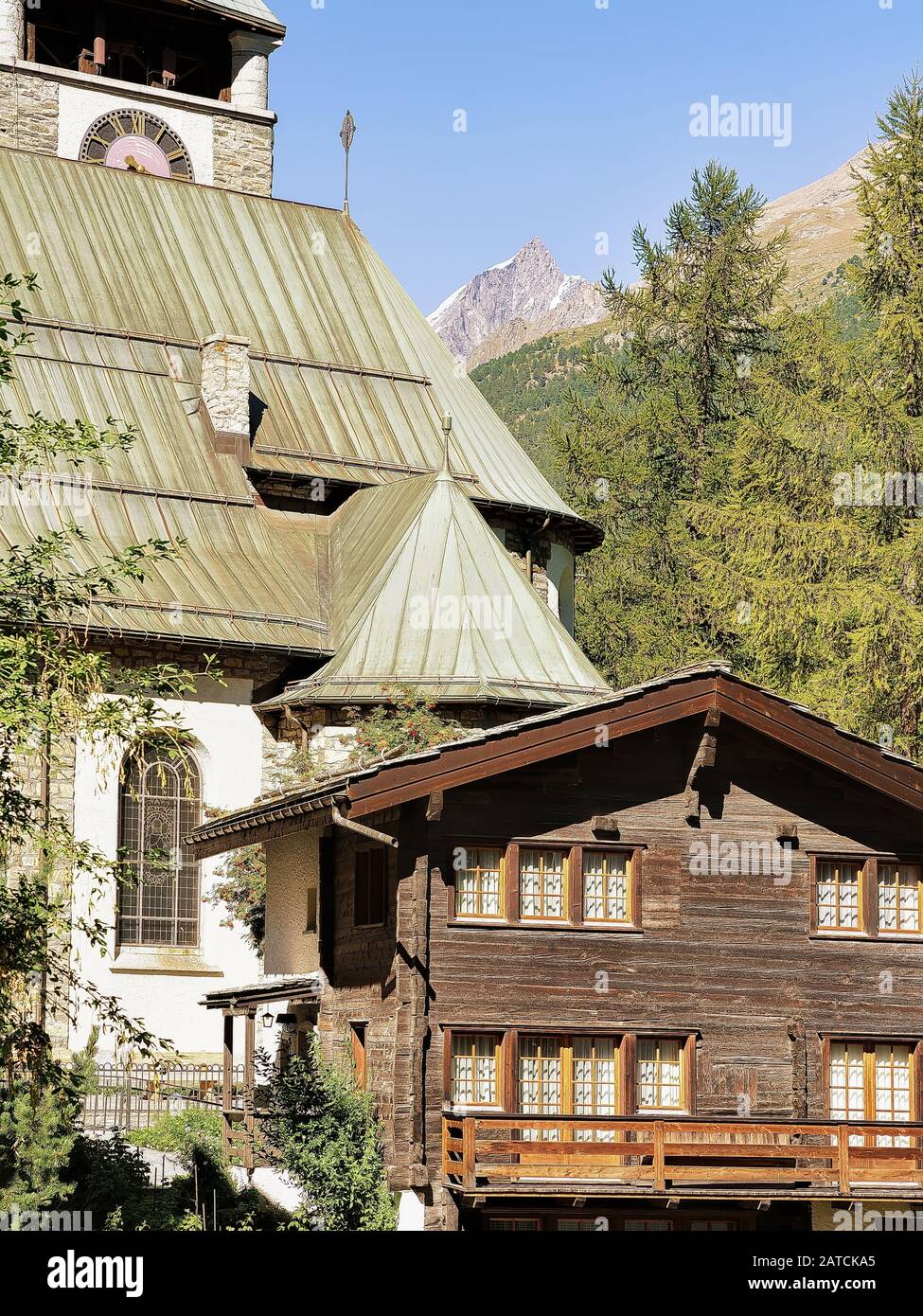 Fragment of St Mauritius parish church in Zermatt Stock Photo - Alamy