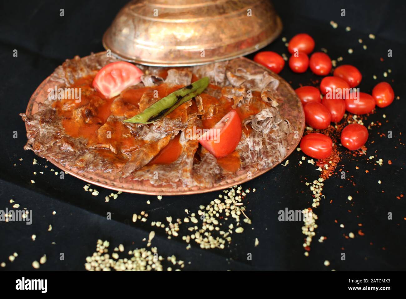 Turkish Doner Kebab with tomato sauce on the dinner plate Stock Photo ...