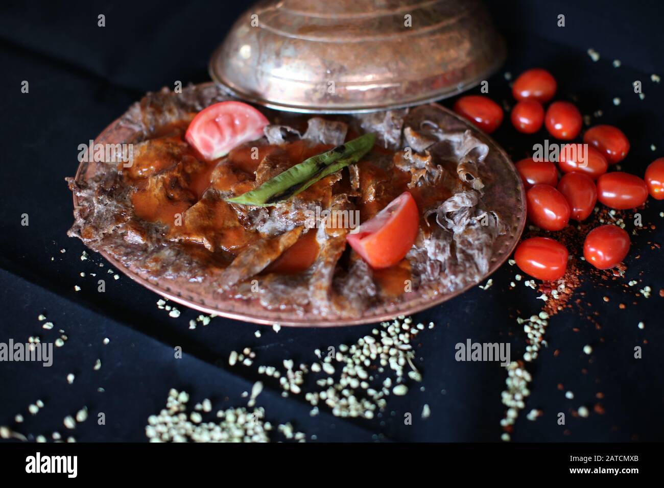 Turkish Doner Kebab with tomato sauce on the dinner plate Stock Photo ...