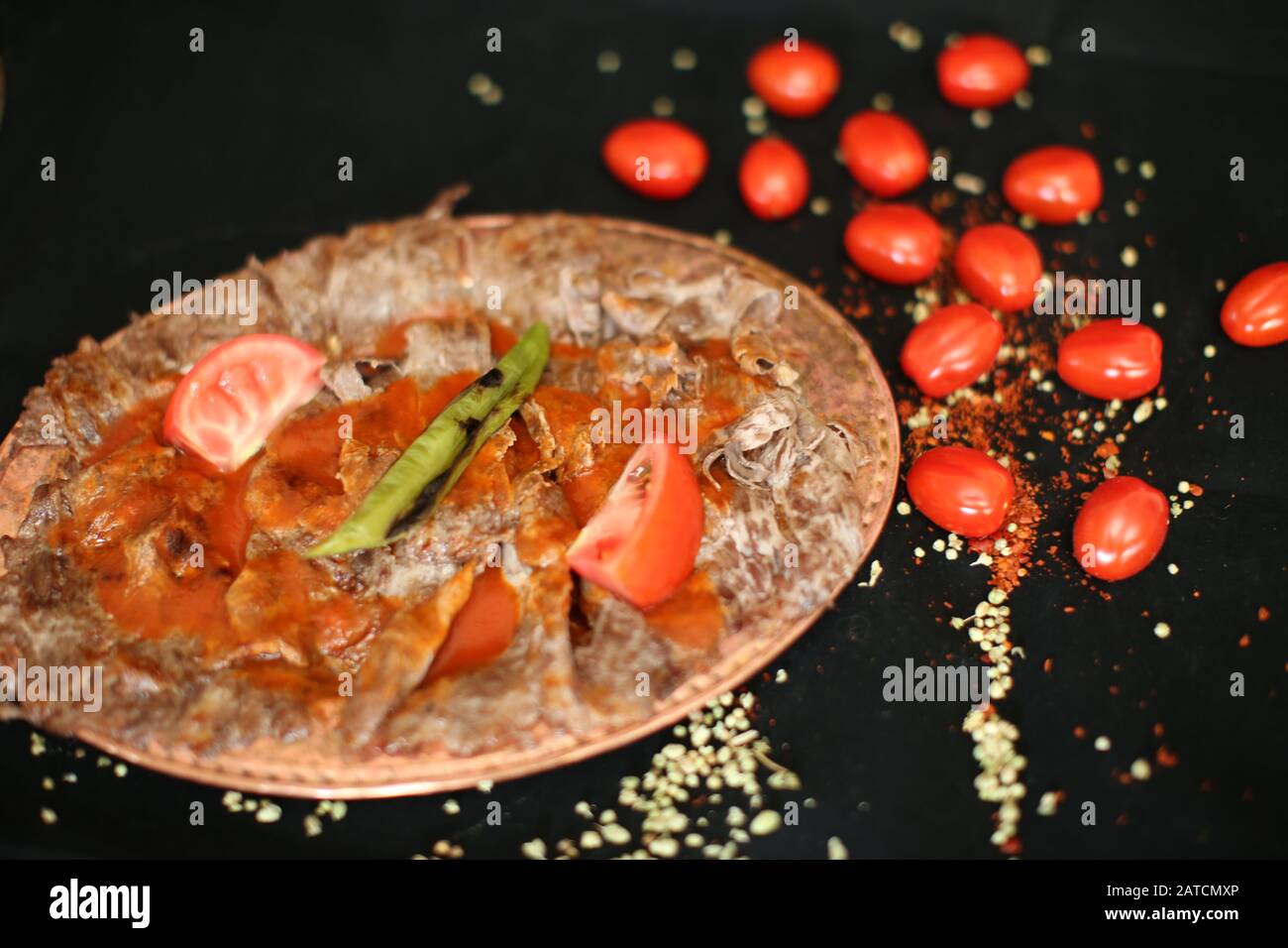 Turkish Doner Kebab with tomato sauce on the dinner plate Stock Photo ...