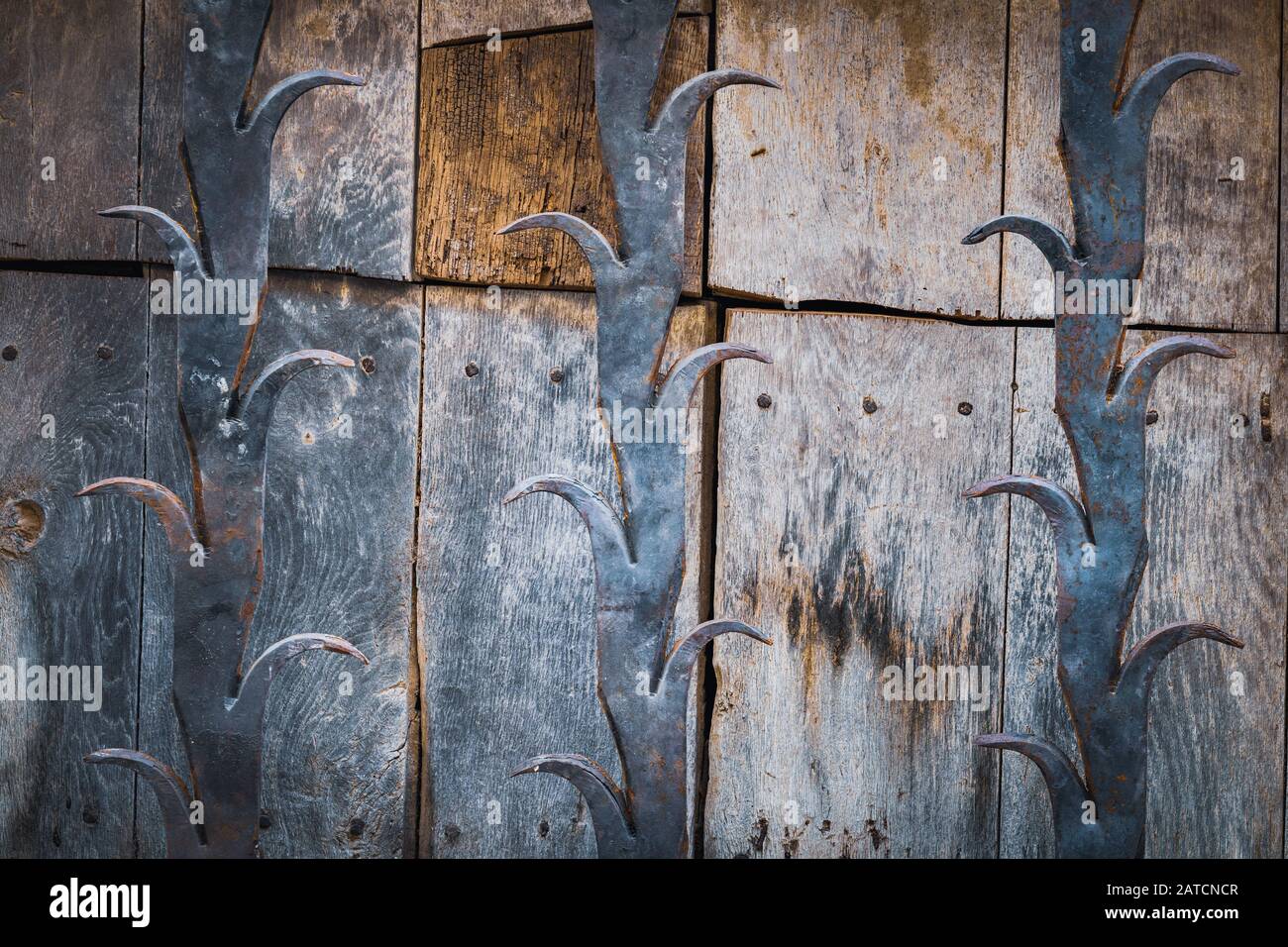Detail of an antique wooden door with cast iron decorative bars Stock ...