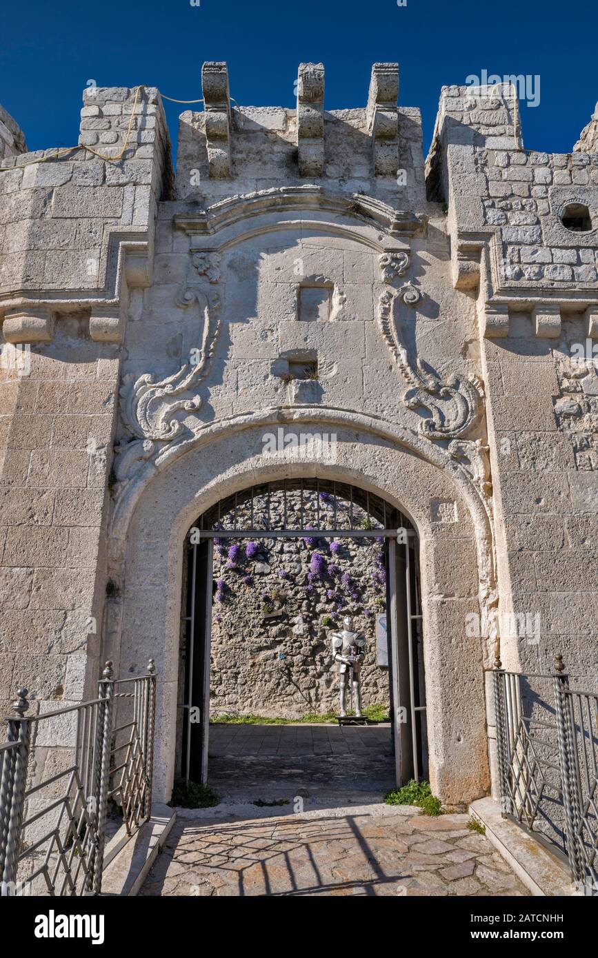 Entrance at Castello Normanno Svevo Aragonese, medieval castle, in town ...
