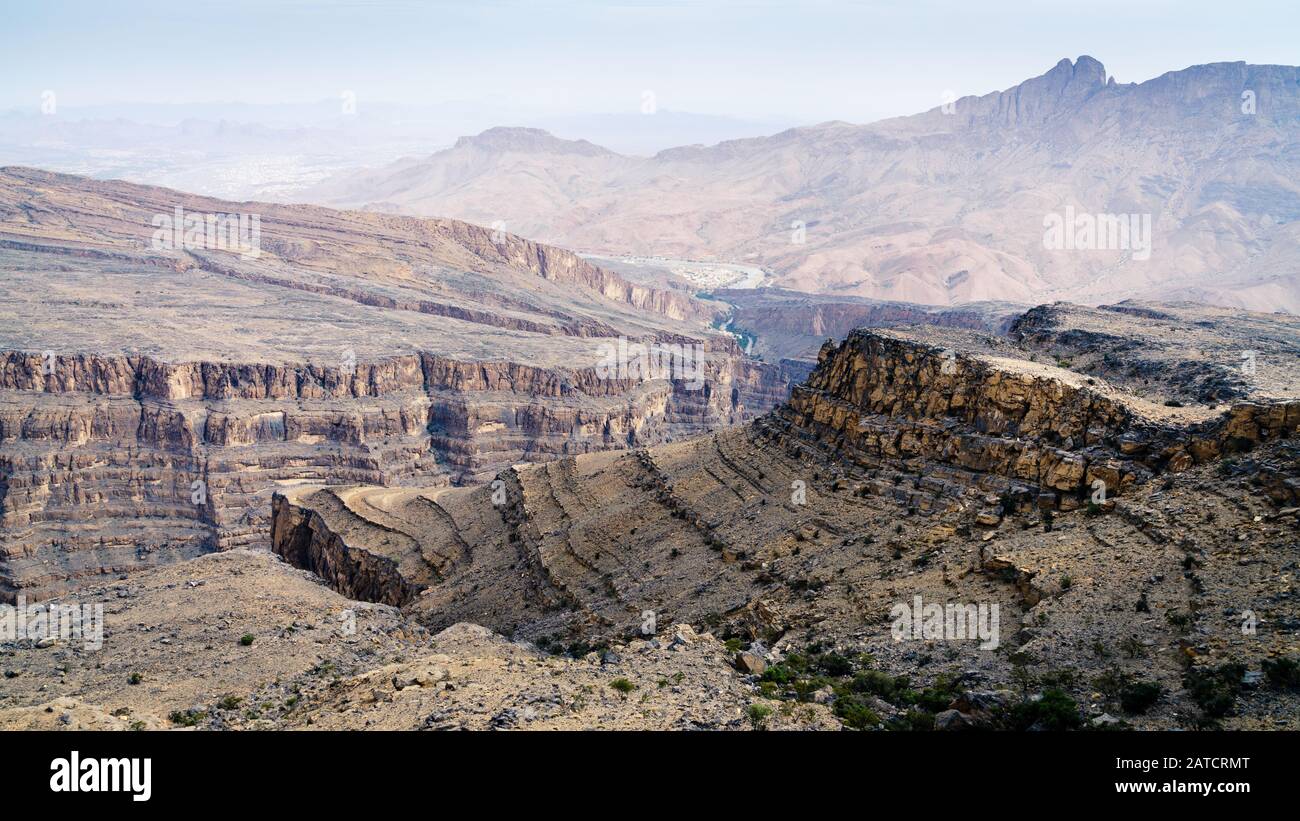 Scenic view of Wadi Ghul aka Grand Canyon of Arabia and surrounding ...