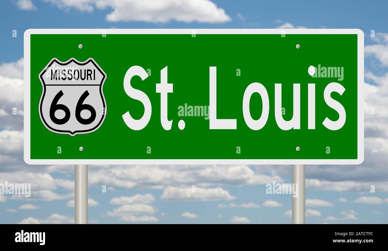 Rendering of a green 3d highway sign for St. Louis Missouri on Route 66 ...