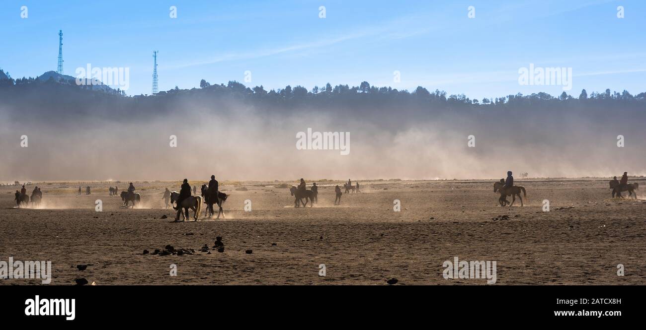 Panoramic shot of people galloping on horses on the sandy ground Stock ...