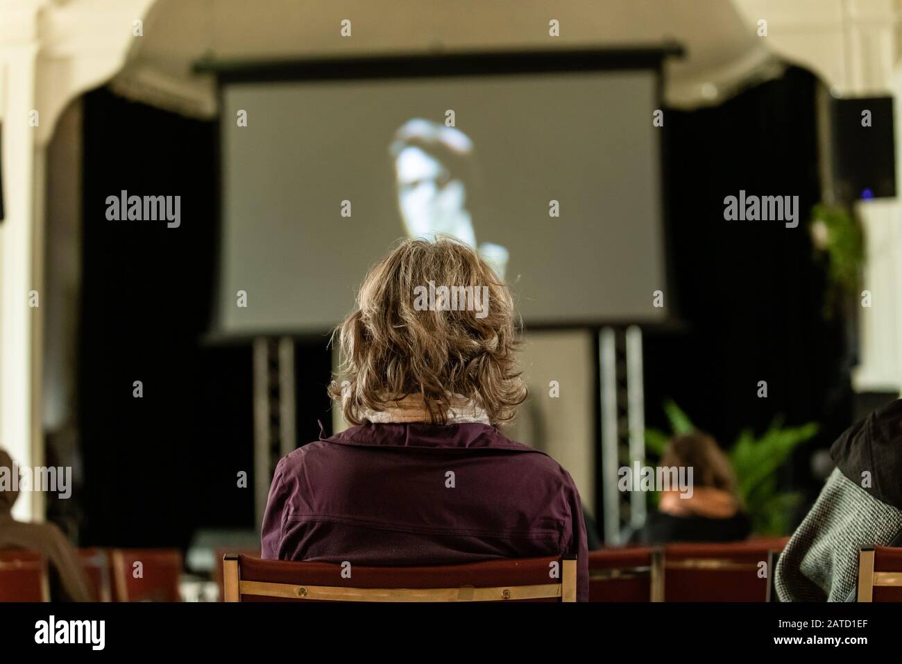 Closeup rear view of male sitting on chair and looking at picture on ...