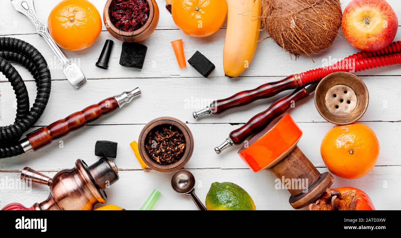 Details of Egyptian hookah and shisha tobacco with fruit flavors ...