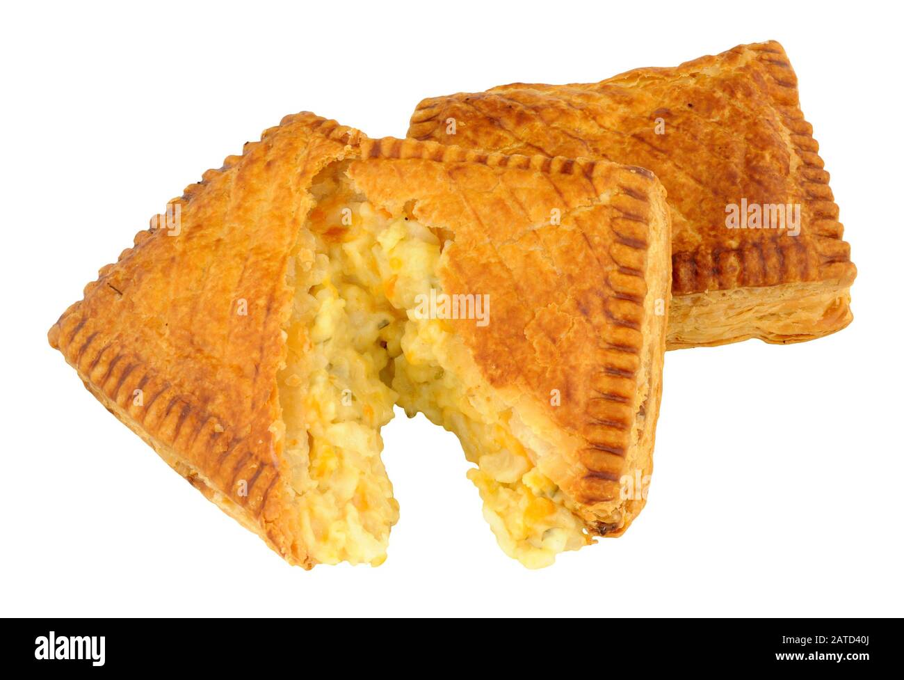 Two cheese and onion savoury pastry slices isolated on a white ...