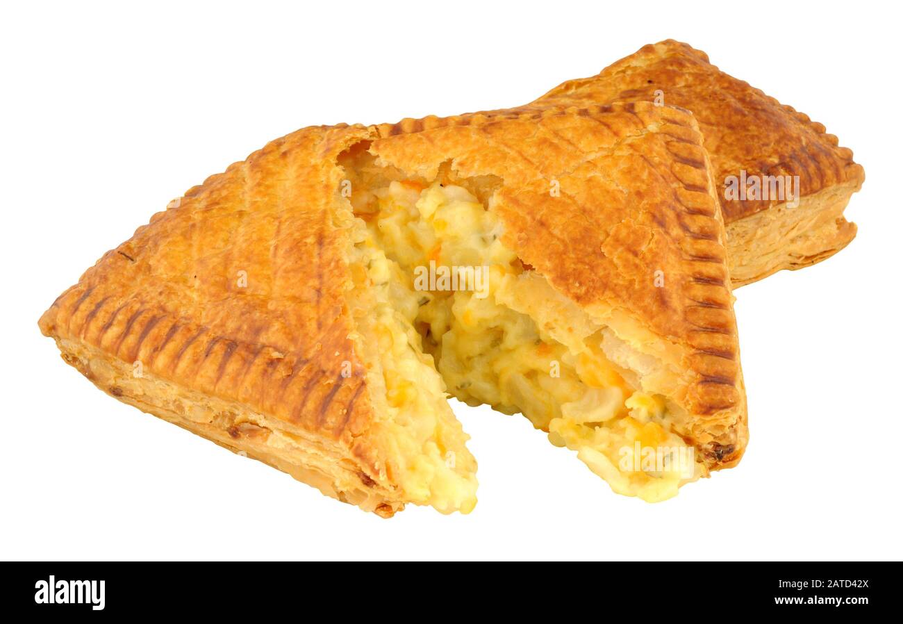 Two cheese and onion savoury pastry slices isolated on a white ...