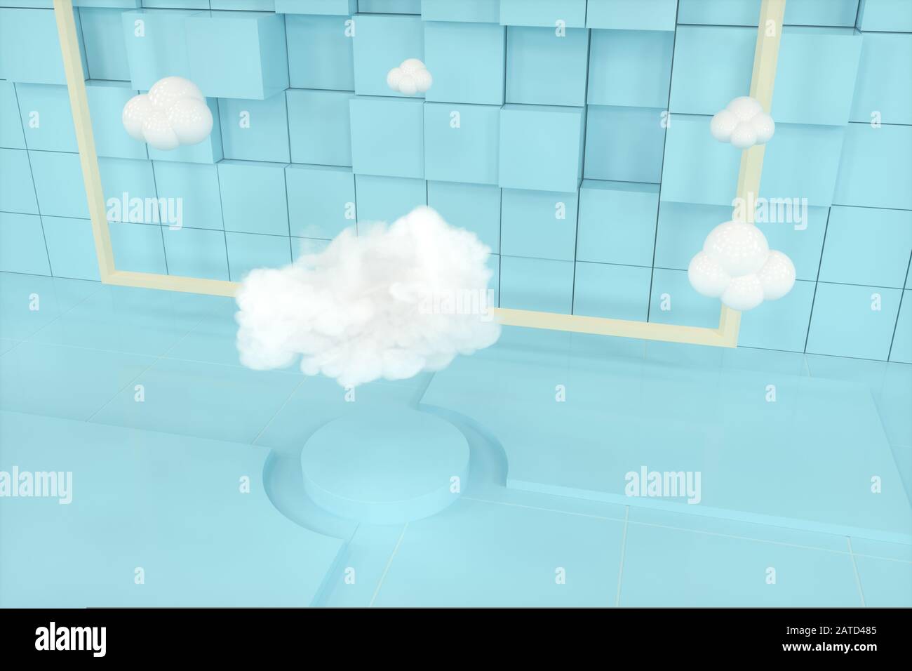 Cartoon clouds and cartoon cubes,geometry room,3d rendering. Computer ...
