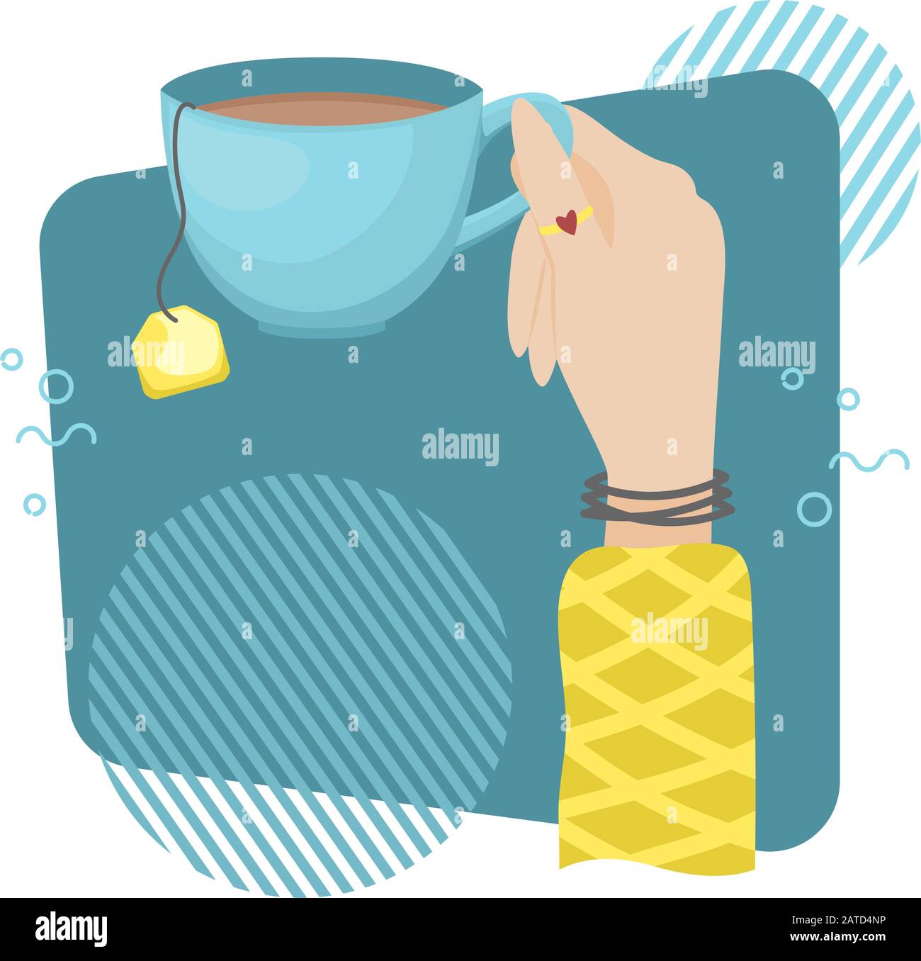Vector illustration with a Cup of tea in a woman's hand. Hand holding a ...