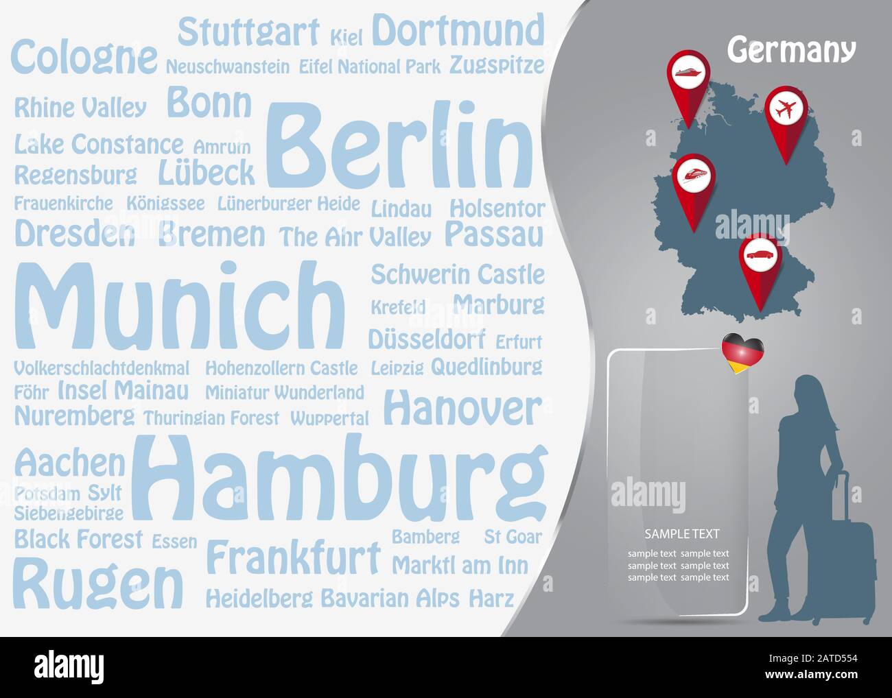 Travel to German concept with map of Germany silhouette of tourist ...