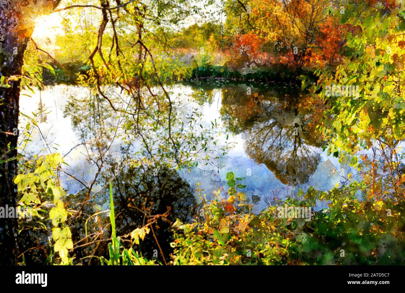 Colorful autumn sunset on the river. Stylization in watercolor drawing ...