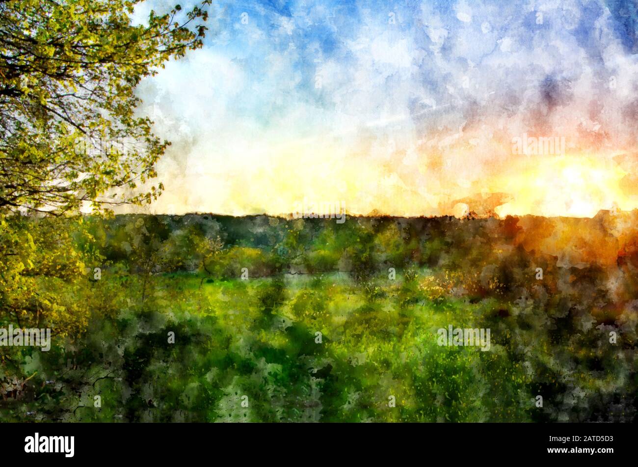 Colorful spring dawn, meadow, trees, sun. Stylization in watercolor ...