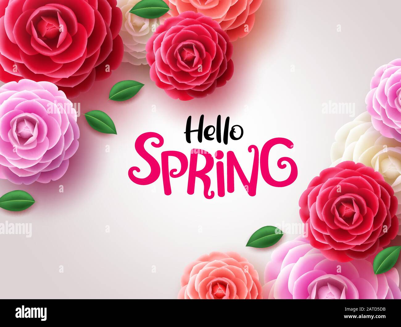 Hello spring flowers vector background. Hello spring greeting text and ...