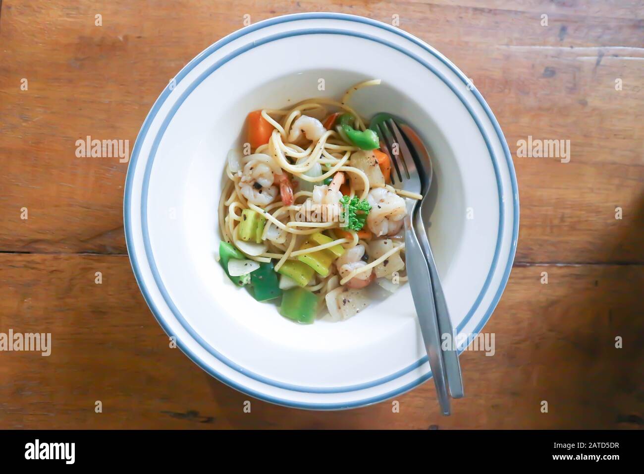 spaghetti or seafood spaghetti in top view Stock Photo - Alamy