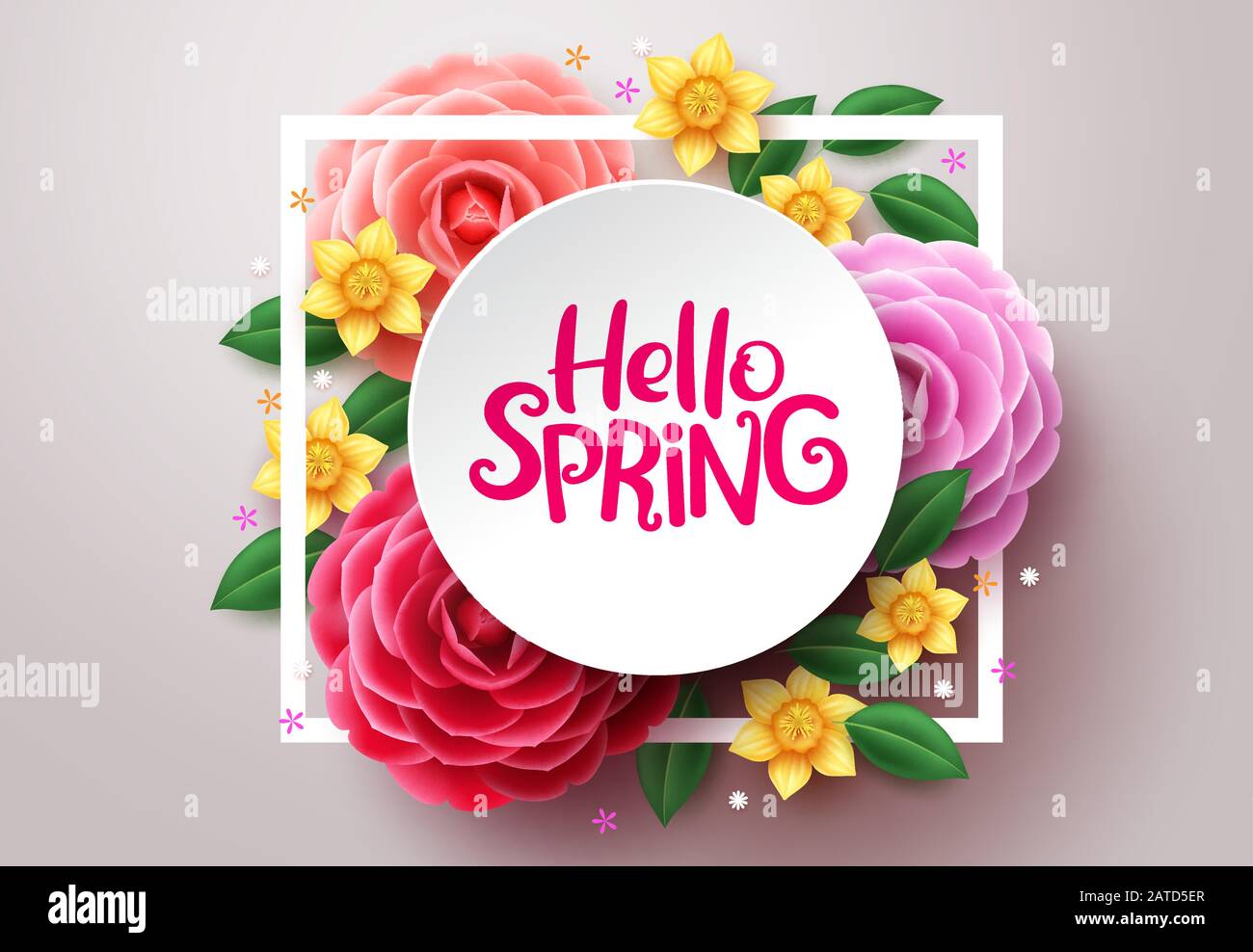Spring flower vector background. Hello spring text in white frame space ...