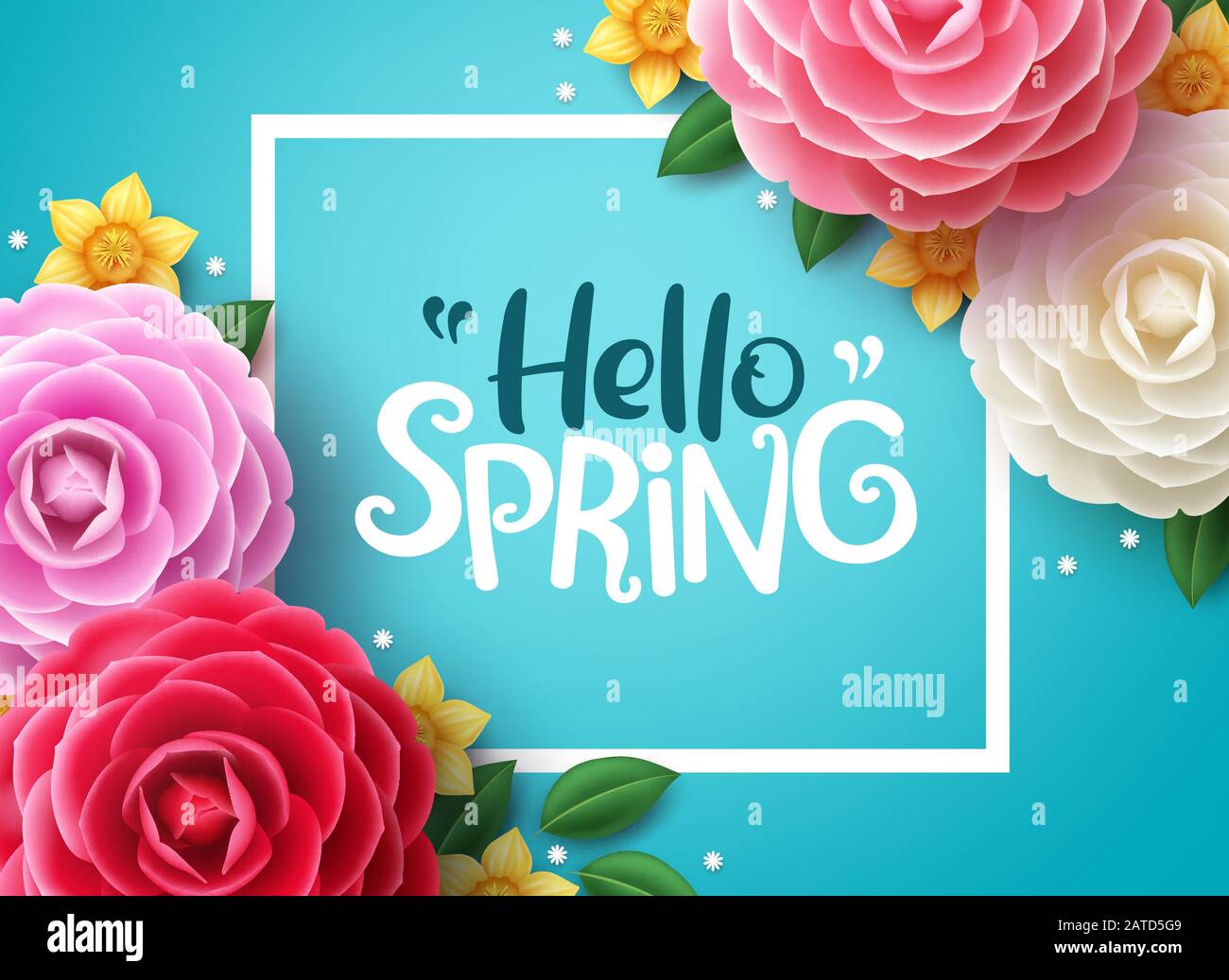 Hello spring vector background. Spring greeting text, colorful camellia ...