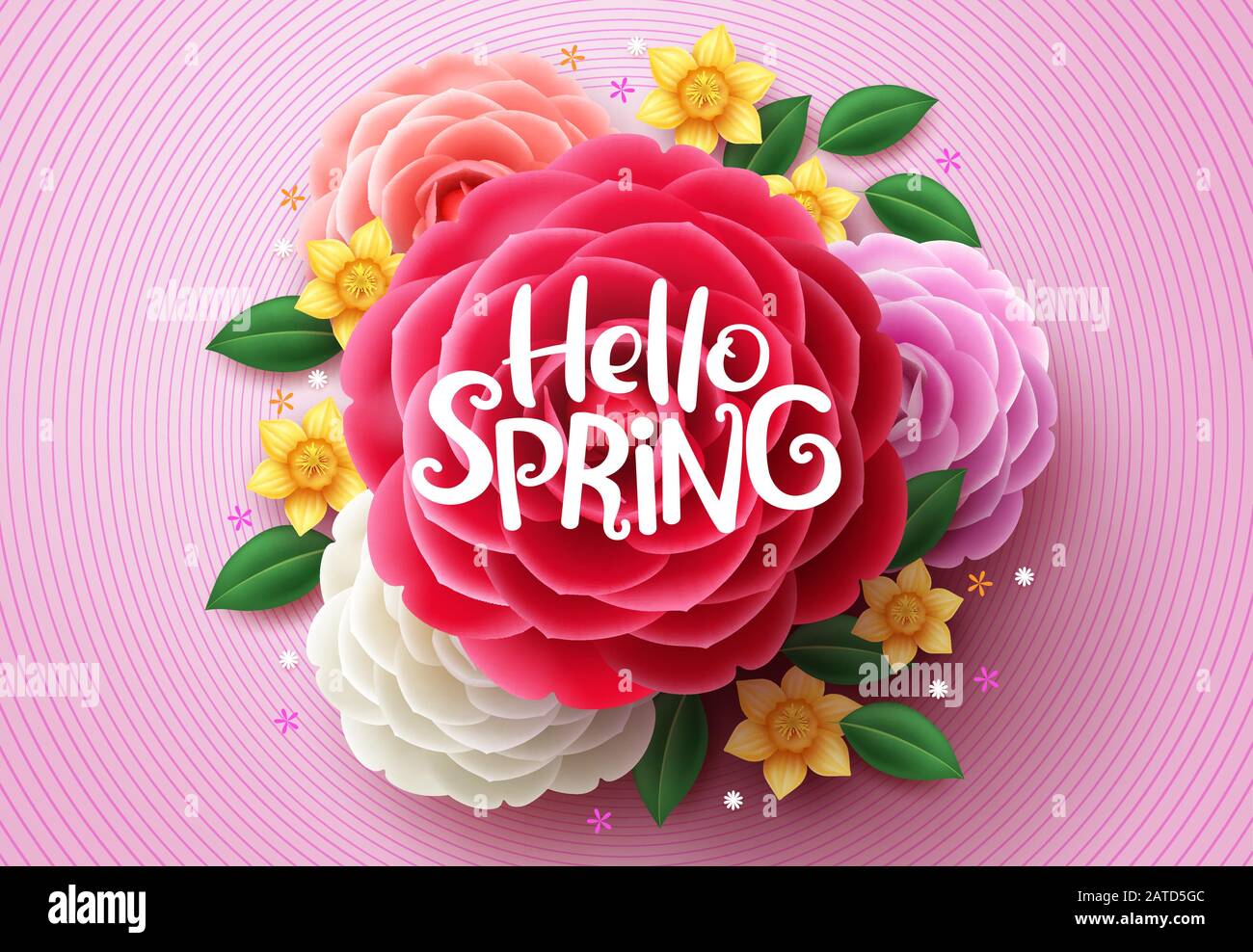 Spring flowers vector design. Hello spring text above colorful camellia ...