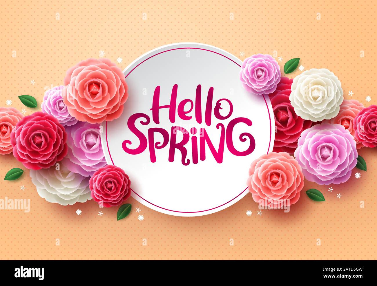 Hello spring flowers vector background. Hello spring greeting text in ...