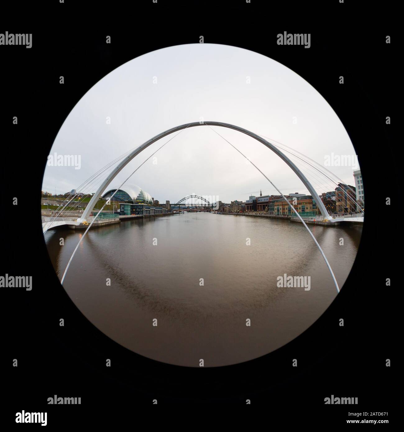 A fish eye view looking through Gateshead Millennium Bridge up the ...