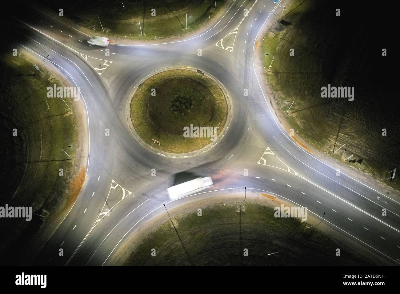 Road roundabout at night above top view. Transportation theme Stock ...