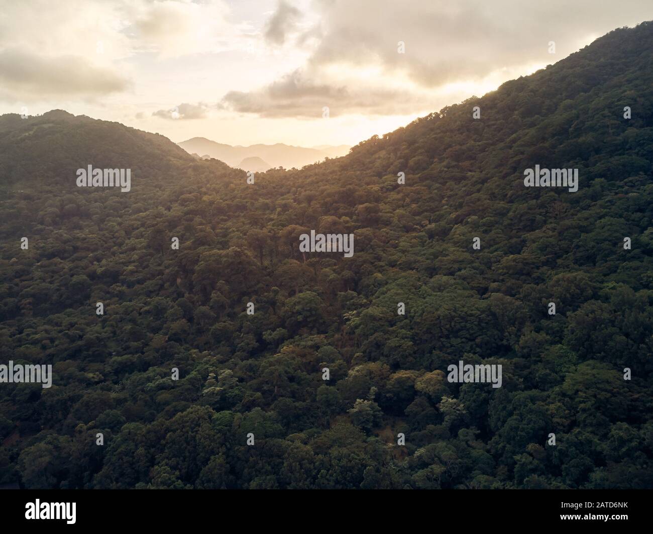 Sunset over jungle on mountain aerial above drone view Stock Photo - Alamy