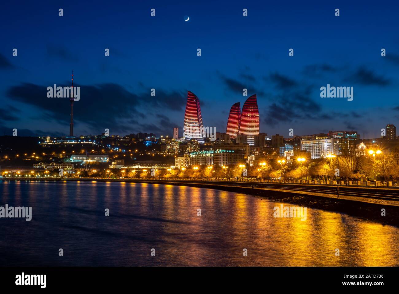 Night view of Baku with the Flame Towers skyscrapers Stock Photo - Alamy