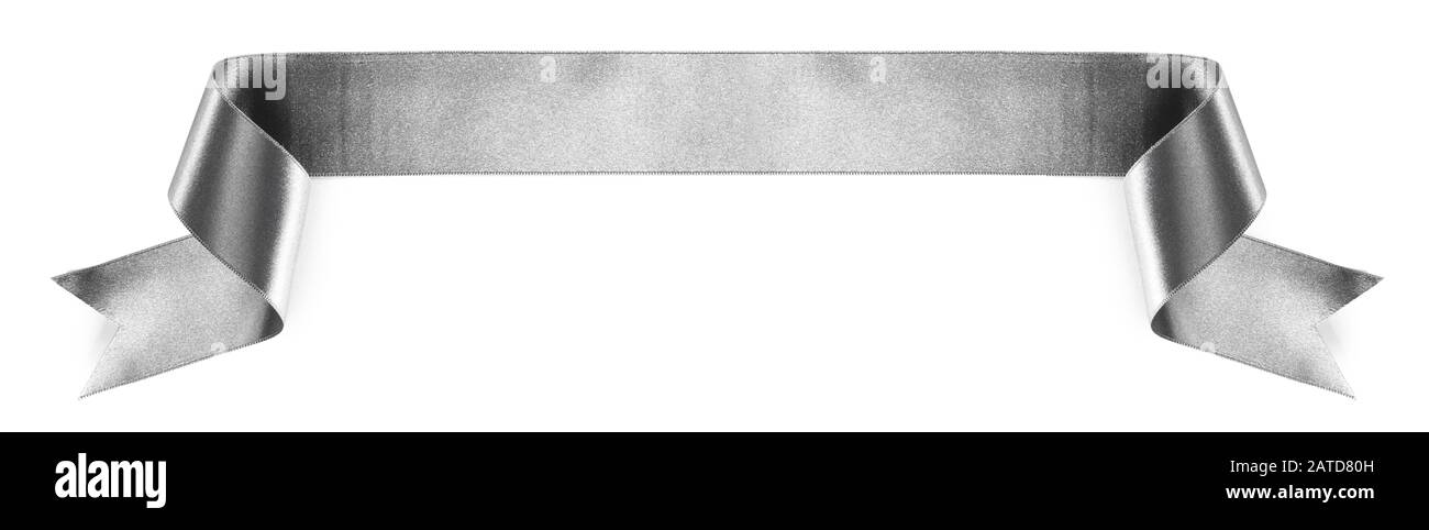 Silver satin ribbon banner with copy space isolated on white background ...