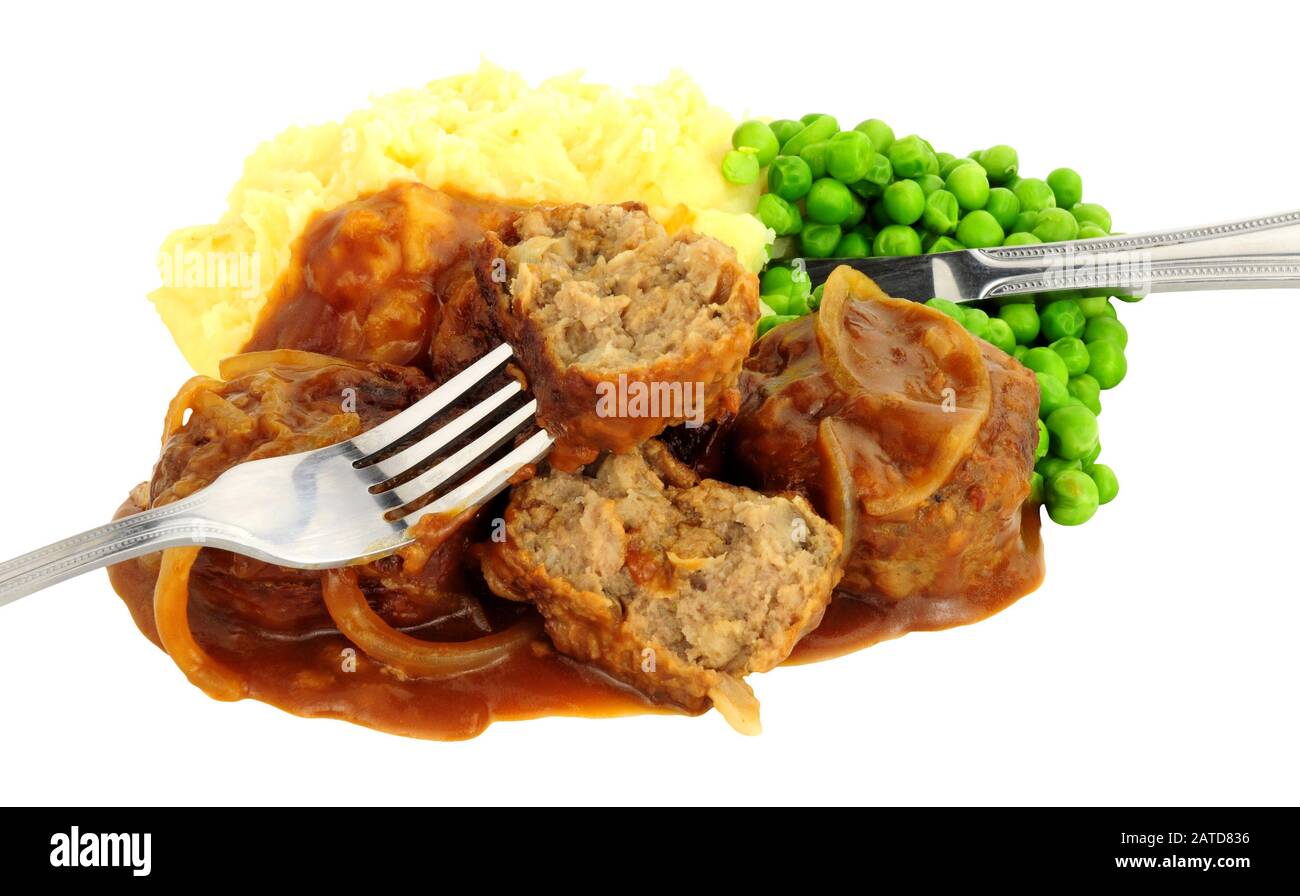 Pork faggot meal with mashed potatoes and peas isolated on a white ...