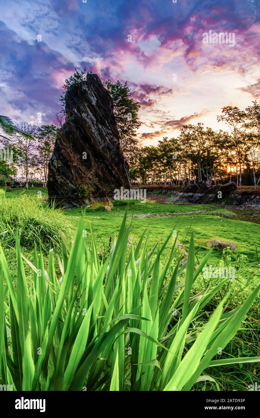 Giant rock in rural landscape, Indonesia Stock Photo - Alamy