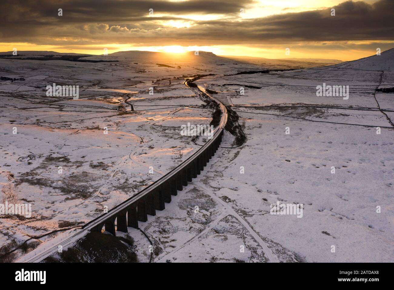 Winter Ariel picture of Yorkshire landmark Ribblehead Viaduct, North ...