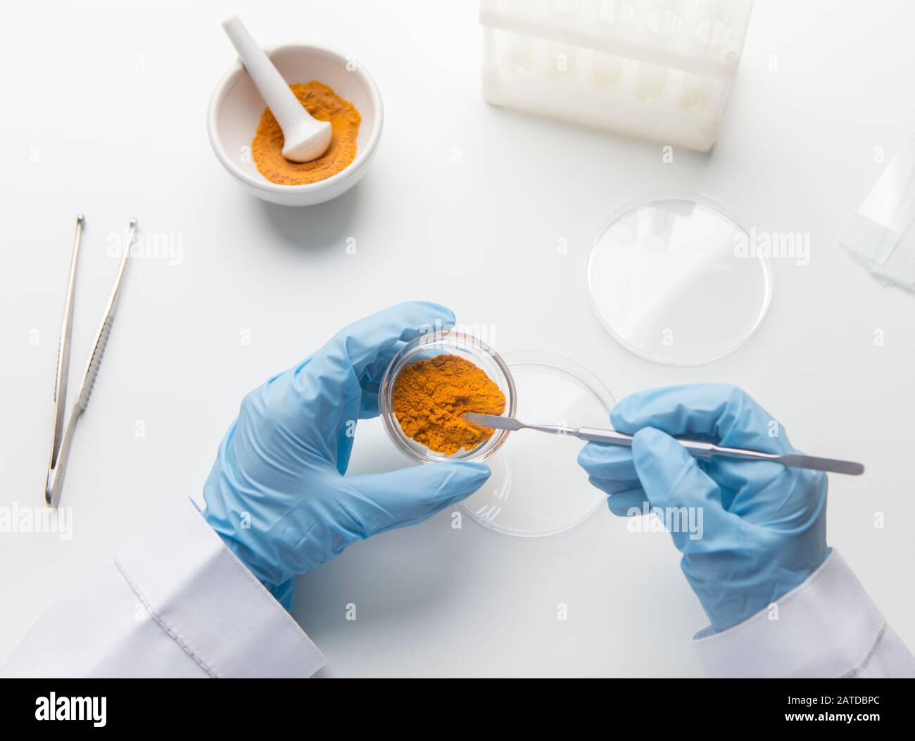 Scientist hands taking turmeric or curcuma for analizing in the ...