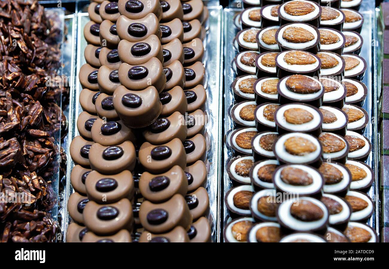 Selection of Swiss chocolate sweets with almond Stock Photo - Alamy