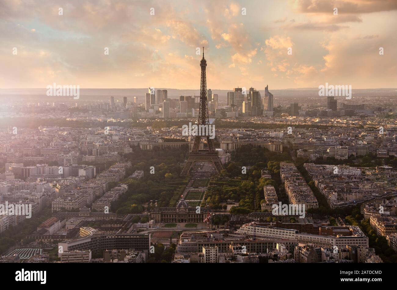 Eiffel Tower and Paris cityscape from above in sunset sunlight, France ...