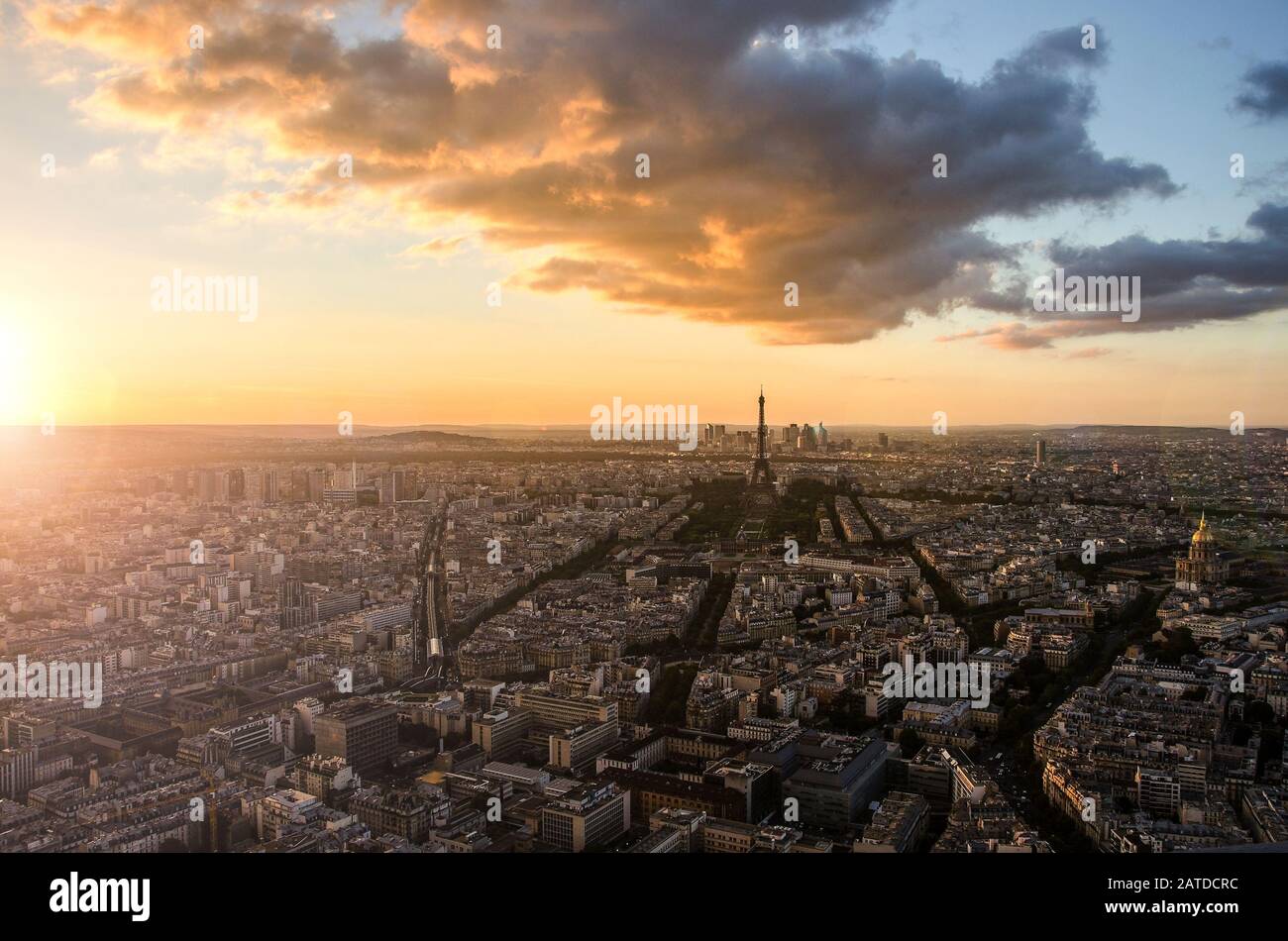 Eiffel Tower and Paris cityscape from above in sunset sunlight, France ...