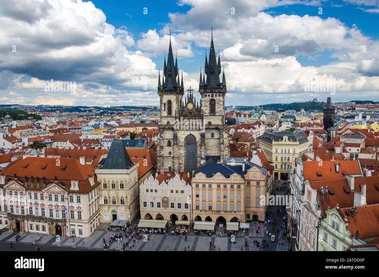 Prague Old town square, Aerial view of Staromestska square with clock ...