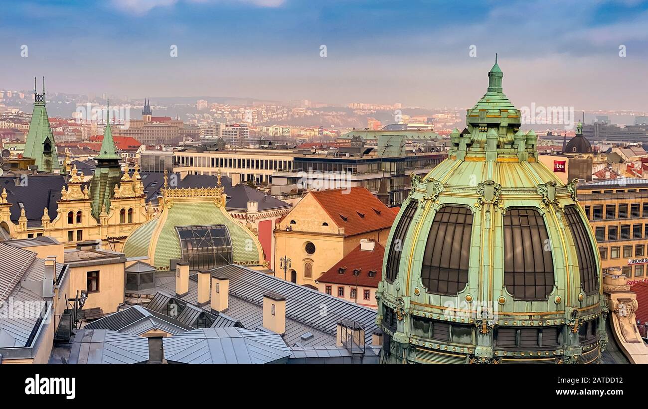 Prague red roofs and spires of historical Old Town of Prague. Cityscape ...